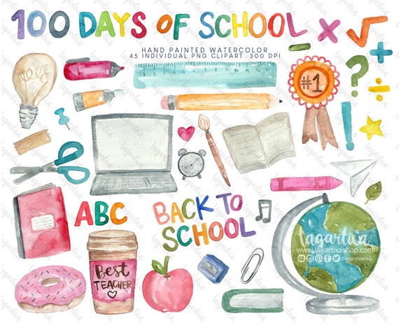 100 Days of School Teacher Back to School Real Watercolor Hand | Etsy