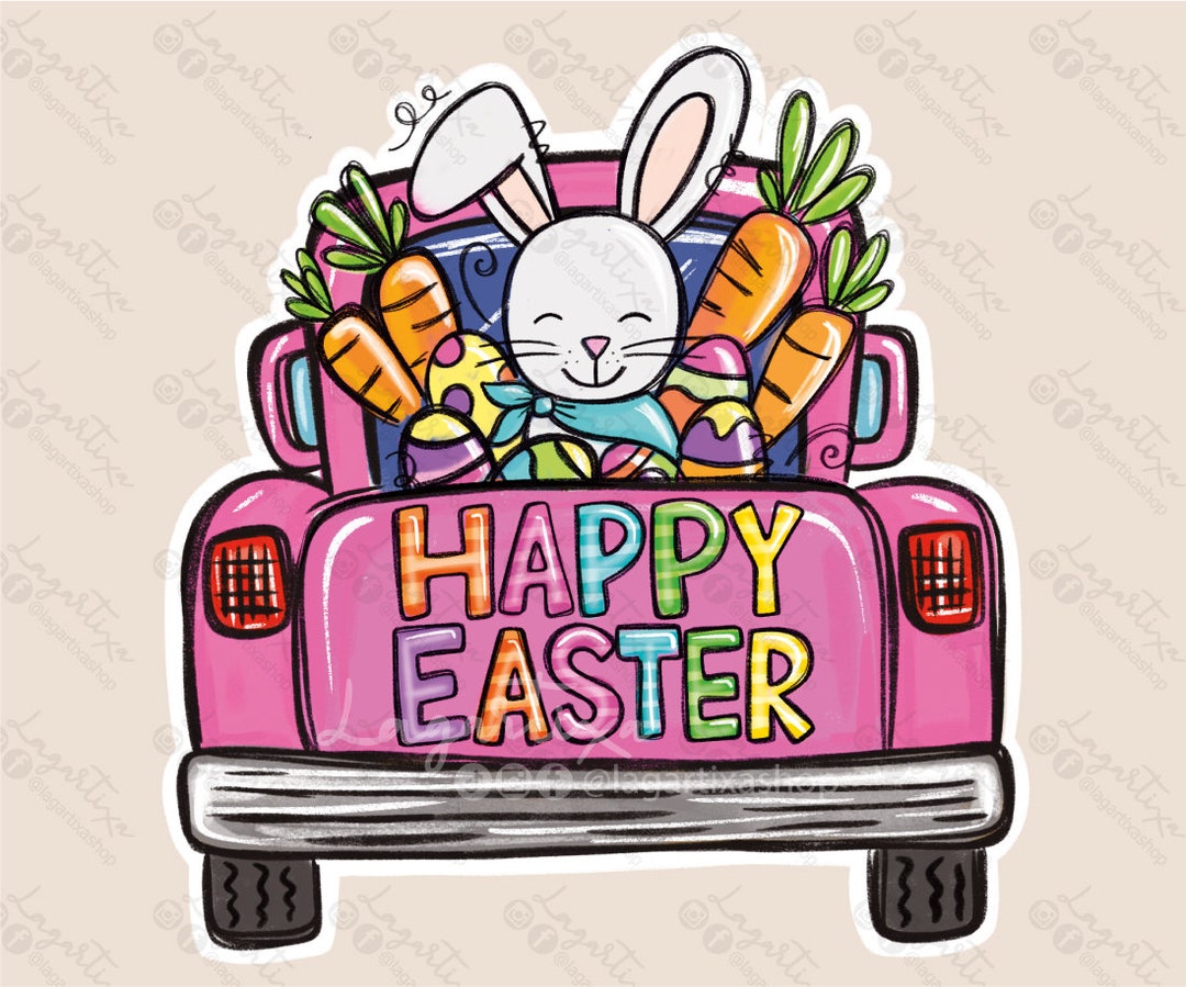 Happy Easter Vintage Pink Truck Cute Bunny Eggs Carrots Clipart Digital ...