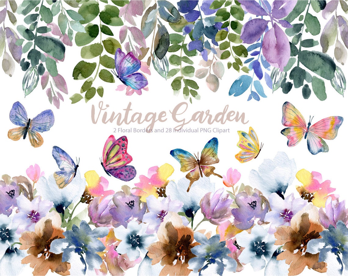 Watercolor Butterflies Floral Clipart Blue Violet PNG Vintage - Etsy