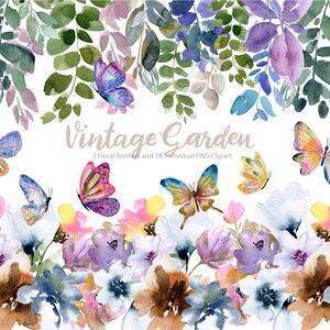 Watercolor Butterflies Floral Clipart Blue Violet PNG Vintage ...
