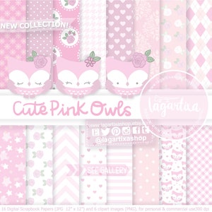 Pink Owls Clipart Patterns Digital Paper and Cute Baby Shower Girl ...
