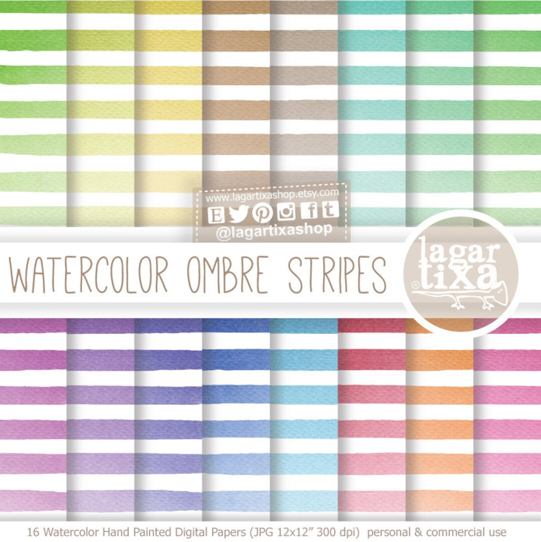 Stripes Watercolor Ombre Digital Paper Brushstrokes Pattern Rainbow ...