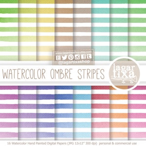 Stripes Watercolor Ombre Digital Paper Brushstrokes Pattern Rainbow ...