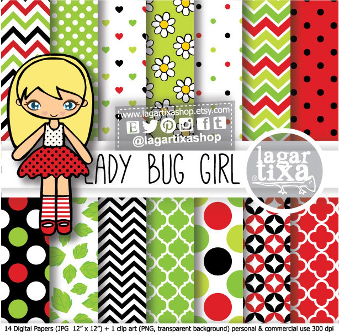 Lady Bug Digital paper blonde girl clip art backgrounds red | Etsy
