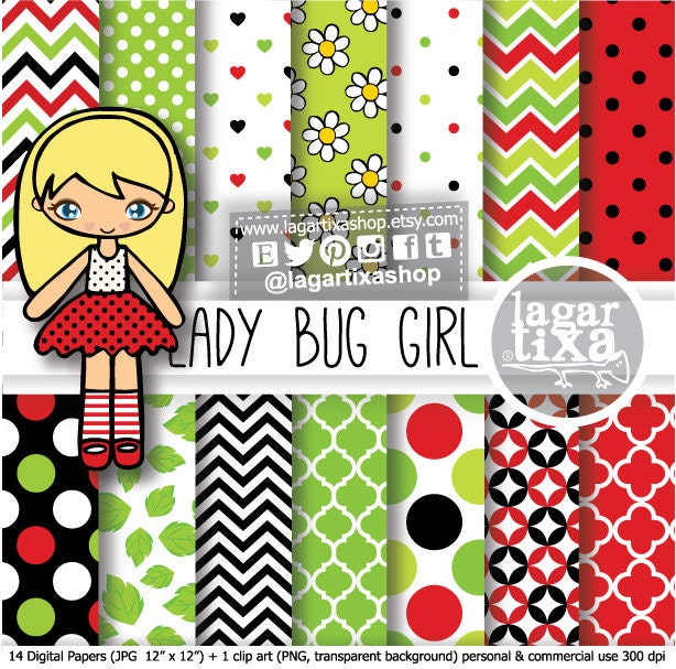 Lady Bug Digital paper blonde girl clip art backgrounds red | Etsy
