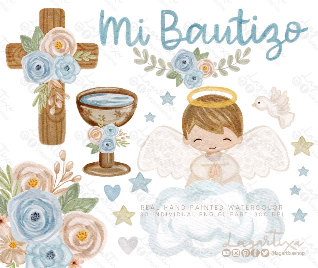 Baby Angels Boy Blue Watercolor Baptism Floral Cross PNG Clip Art ...