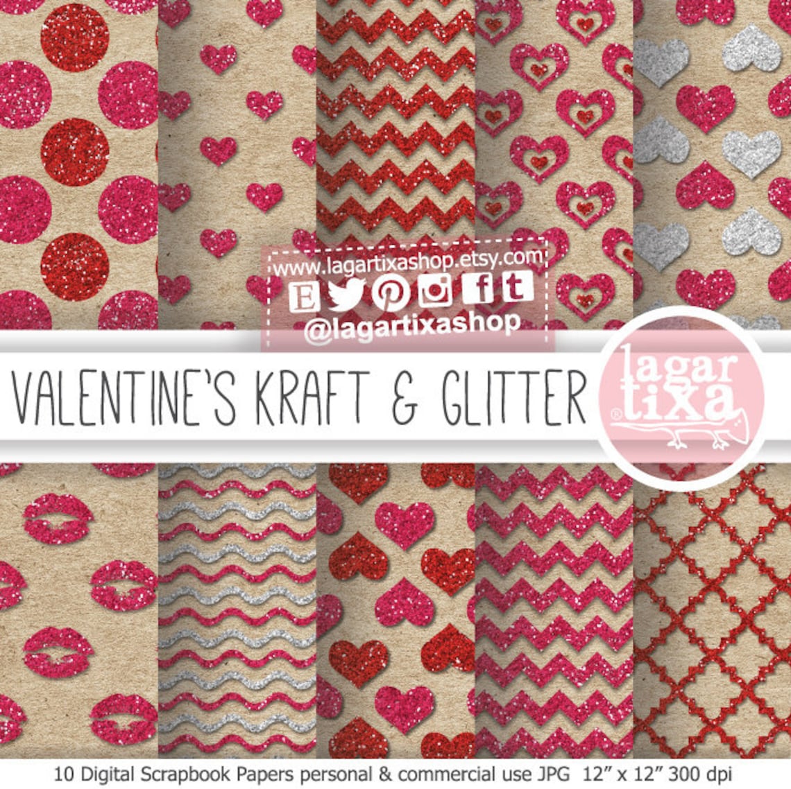 Valentine's Day Digital Paper, Glitter, Kraft, Love Background, Hearts ...