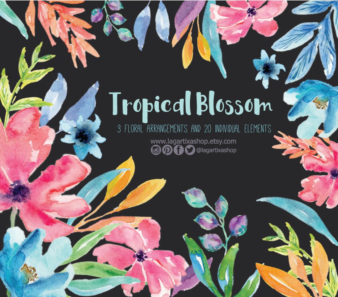 Tropical Modern Watercolor Flowers Clipart, Floral PNG, Wedding Bouquet ...