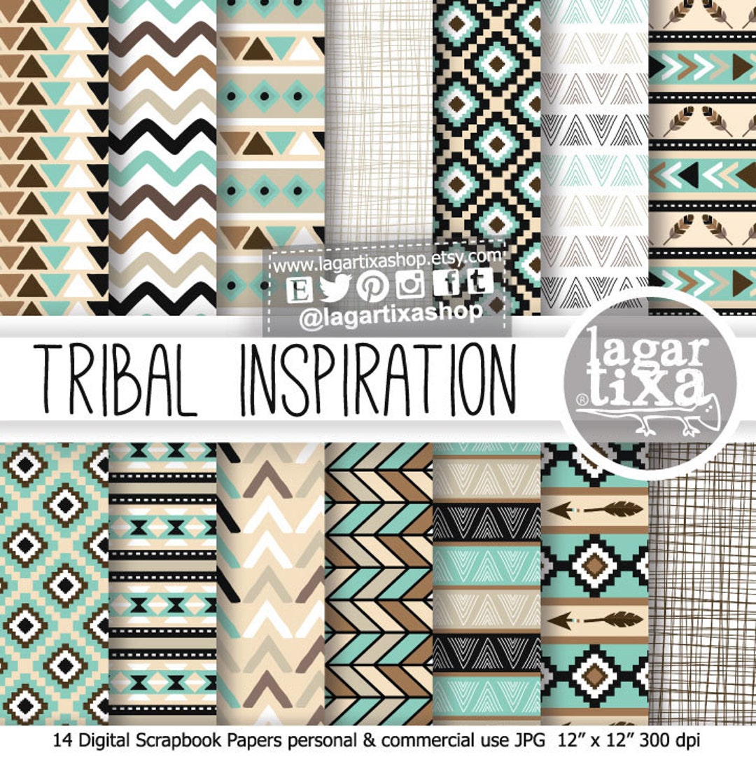 Boho Tribal Patterns Digital Paper Mint Black Beige Chevron American ...
