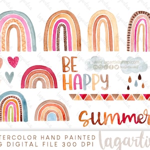 Boho Rainbow Clouds Rain Earth Tones Hand Painted Watercolor Clipart ...