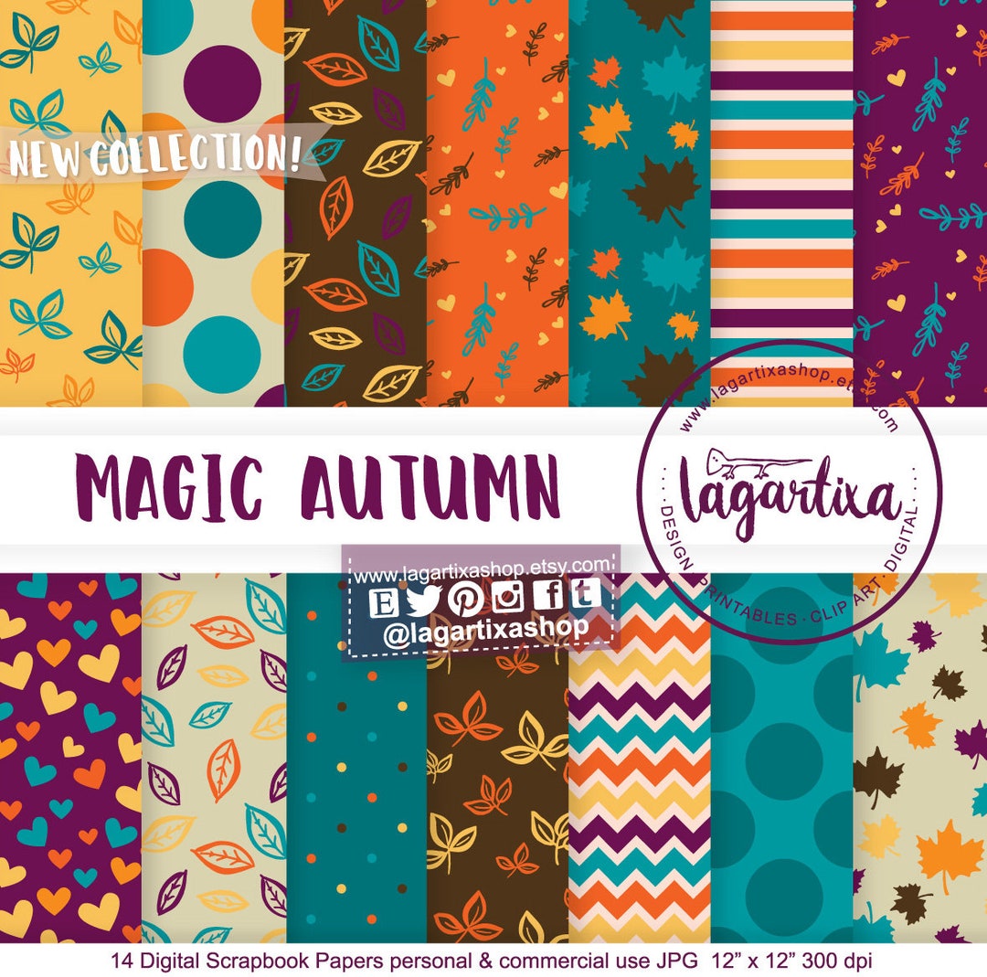 Autumn, Purple, Teal, Orange, Brown, Girl Digital Paper, Patterns ...