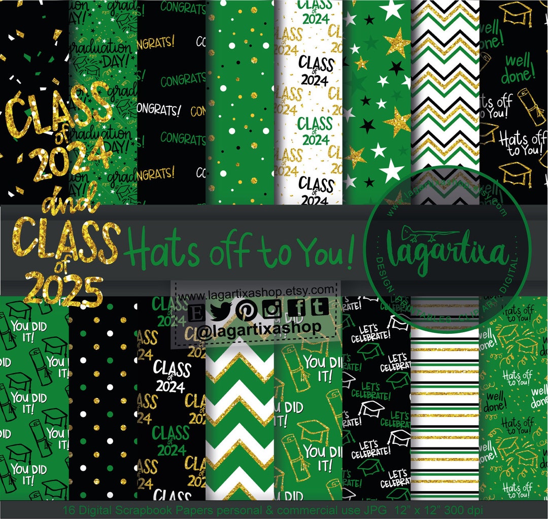 Graduation Patterns Class of 2024 2025 Digital Paper Black Green Gold ...