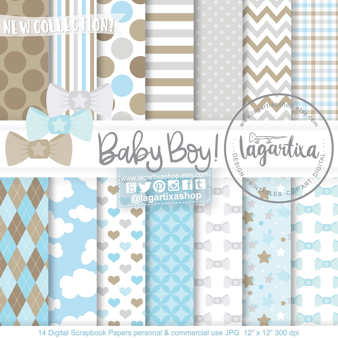 Baby Shower Baby Blue Bow Patterns Beige, Stars Cloudes Hearts Baptism ...