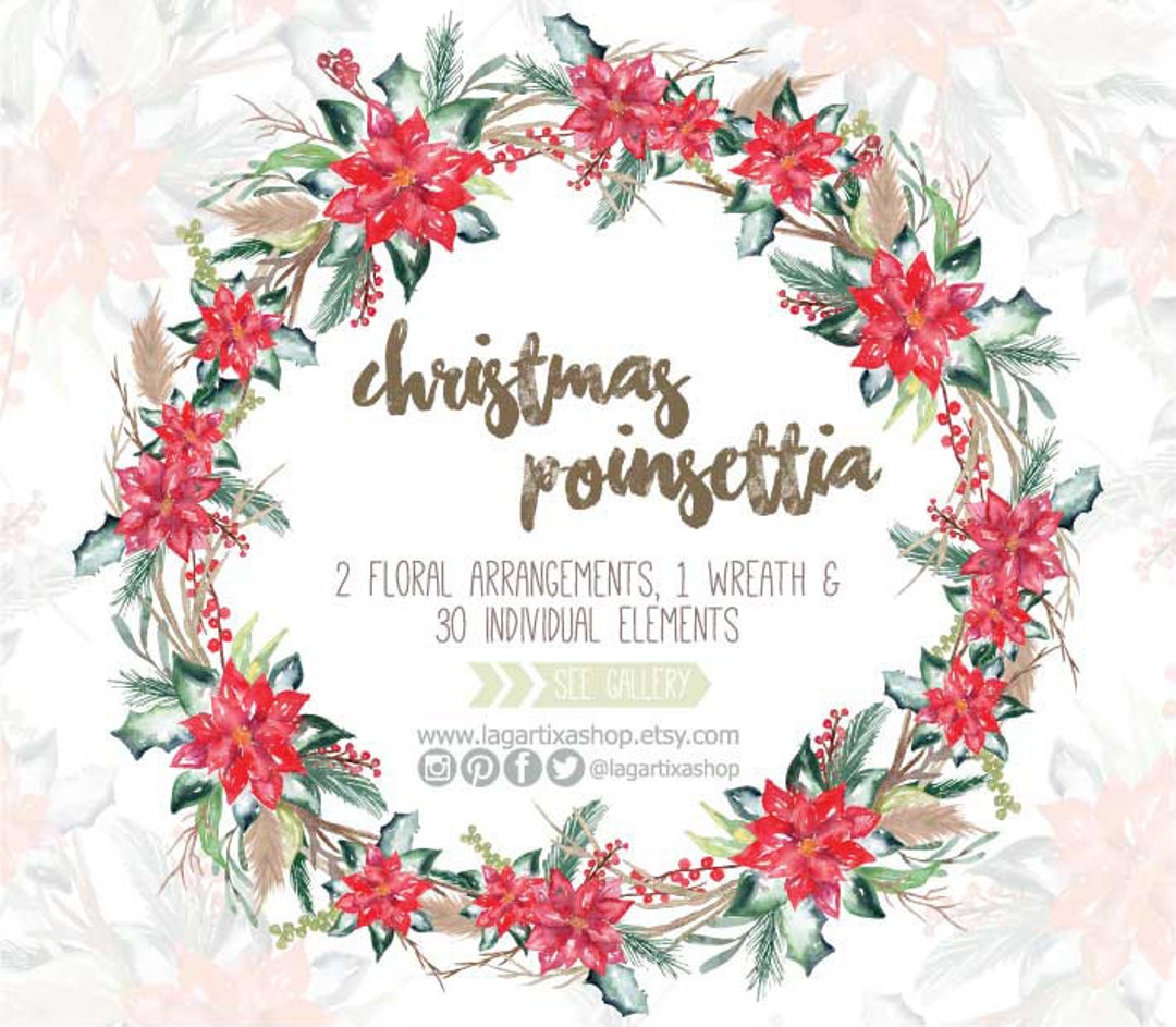 Poinsettia, Floral Christmas Arrangements and Wreath, Watercolor Hand ...