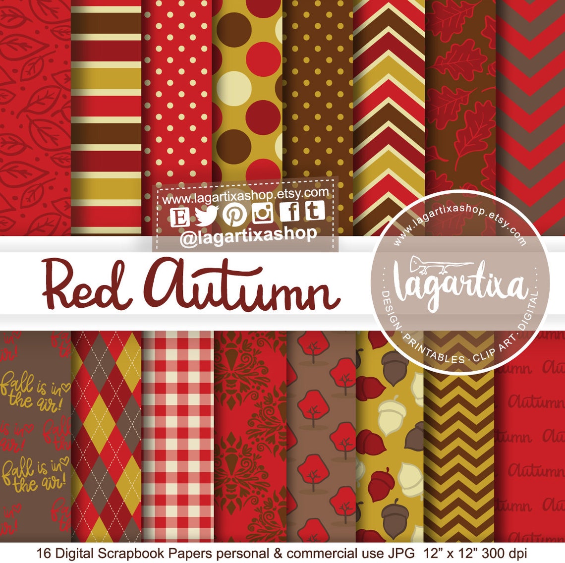Red Autumn Digital Paper Fall Red Tones Patterns Colors Brown - Etsy