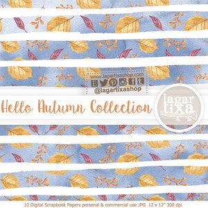 Autumn Fall Watercolor Leaves, Hand Painted Digital Papers, Rustic Wood ...