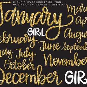Birthday Months of the Year GIRL Digital PNG Gold Glitter Handwritten ...