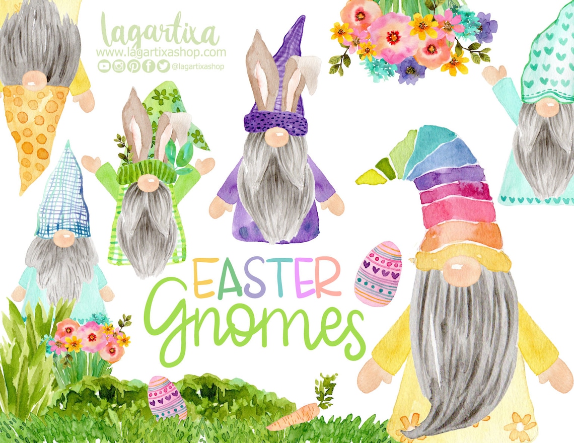 Spring Easter Cute Watercolor Gnomes With Flowers Bunny Ears - Etsy