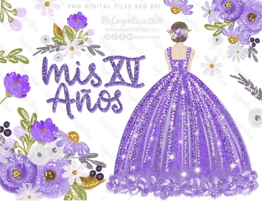 XV Años Sweet Sixteen Purple Princess Dress Clipart Floral Png Hand ...