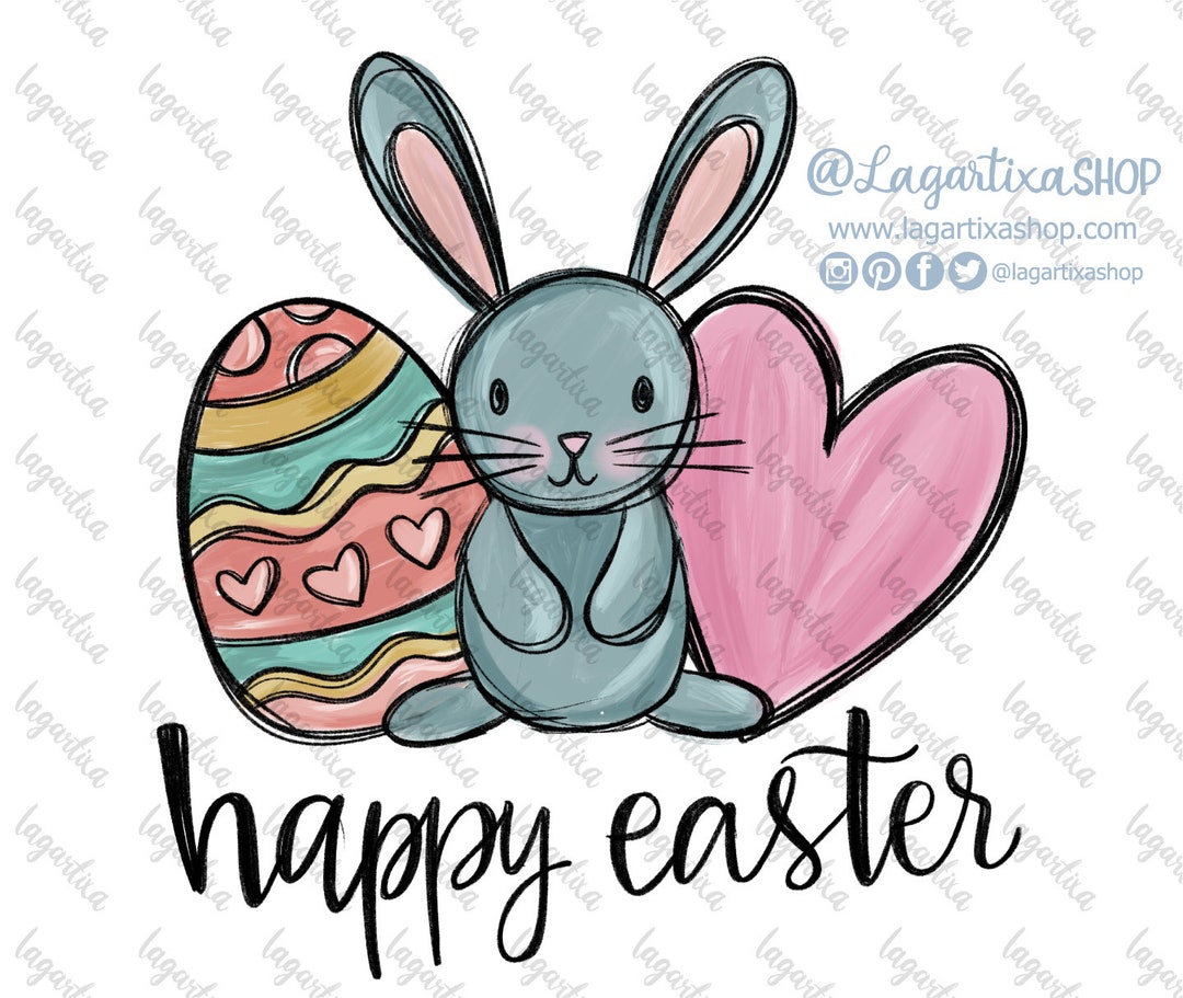 Rabbit Easter Design Eggs Gray Bunny Love Heart Doodle Hand Drawn ...