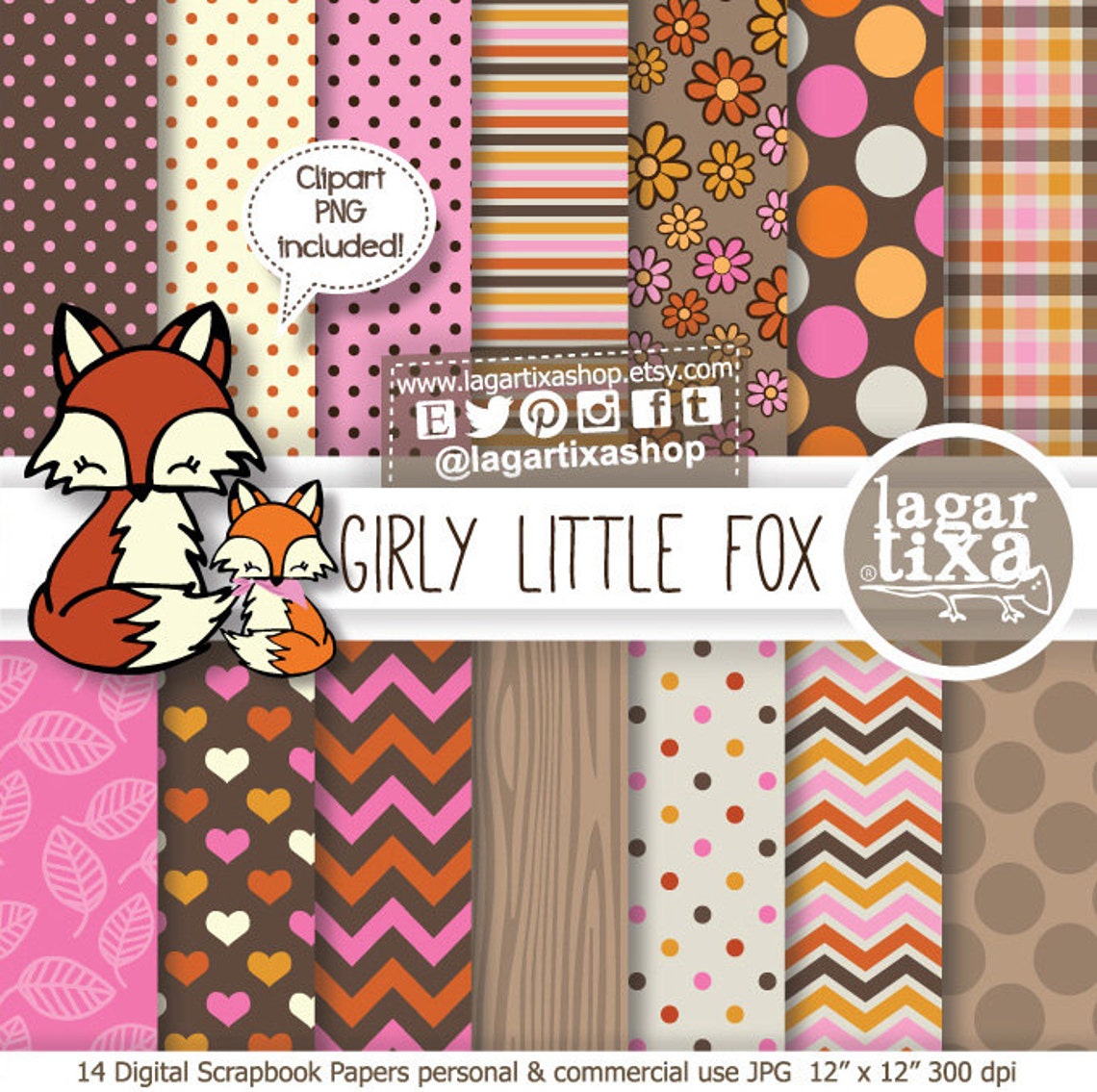 Girly Fox Digital Paper and Clipart Clip Art Fox Mom Baby | Etsy