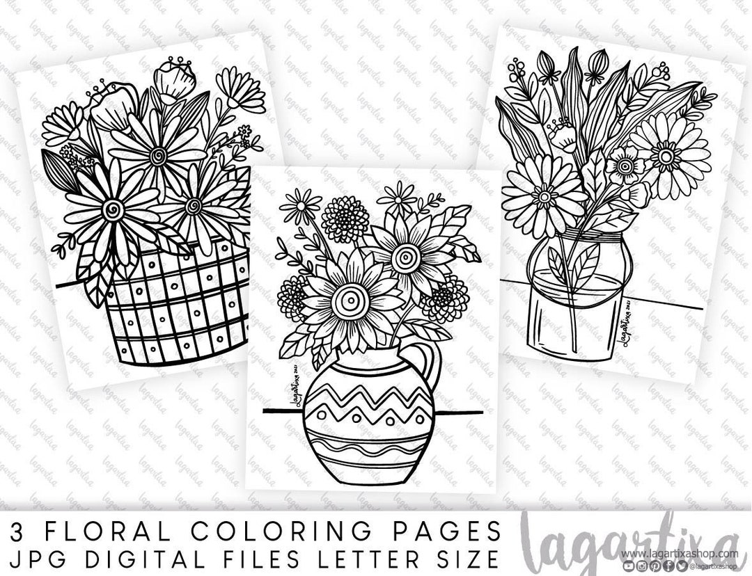 Coloring Floral Vases Pages Printable Digital Sheets Hand Drawn Designs ...
