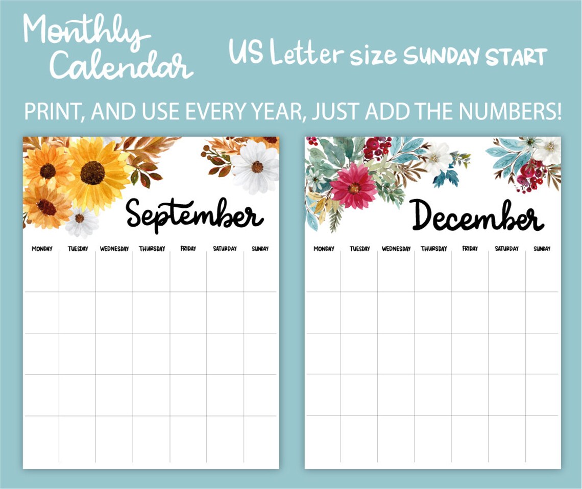Floral Calendar Reusable Printable Monthly Planner Watercolor - Etsy