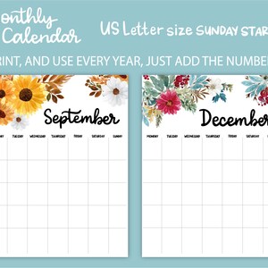 Floral Calendar Reusable Printable Monthly Planner Watercolor - Etsy