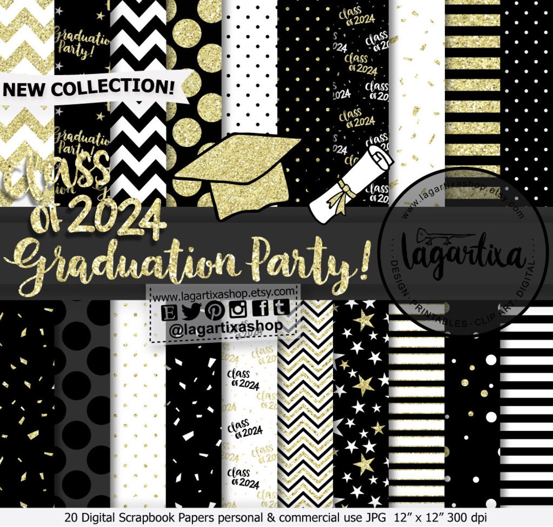 Graduation Party Class of 2024 Digital Paper Design Black Gold Glitter ...