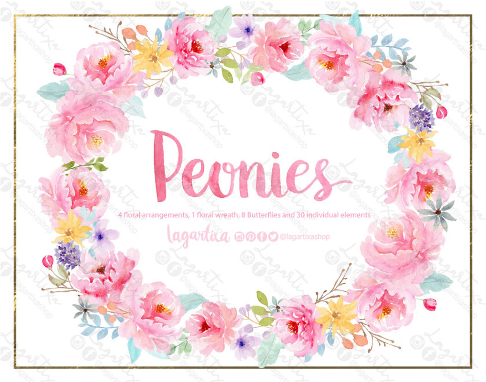 Peonies, Watercolor Floral Clipart, PNG, Wedding Bouquet, Pink Sweet ...