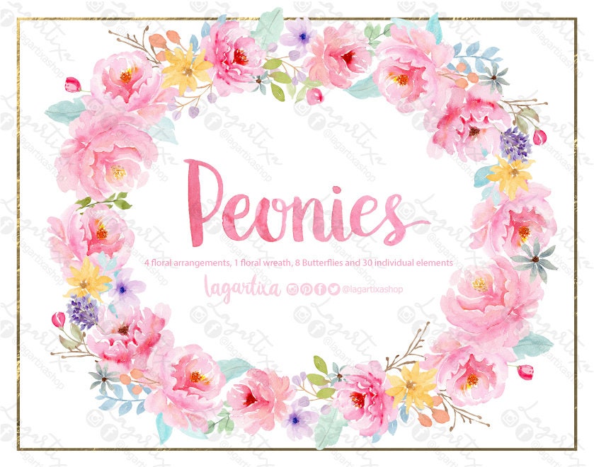 Peonies, Watercolor Floral Clipart, PNG, Wedding Bouquet, Pink Sweet ...