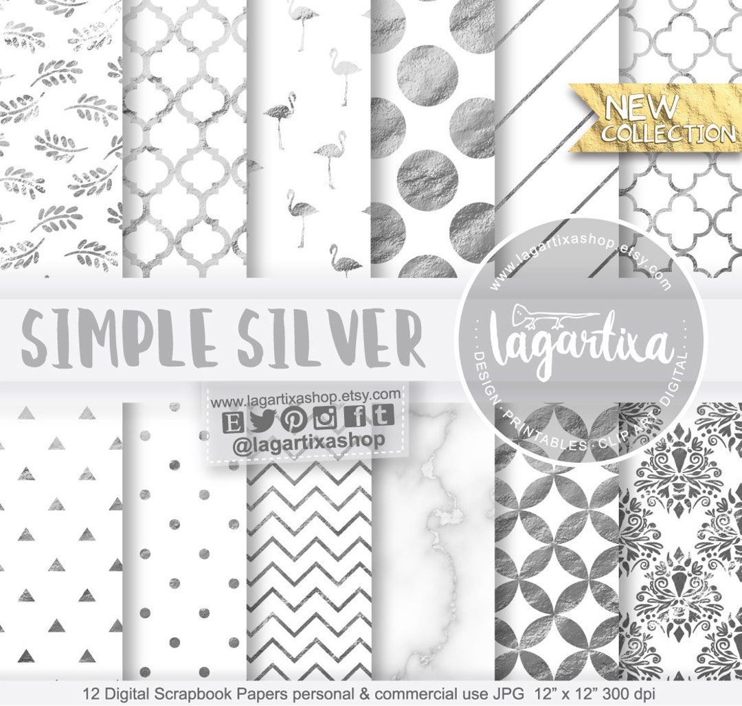 Silver Digital Paper Background Chevron Polka Dots Bokeh Damask Stripes ...