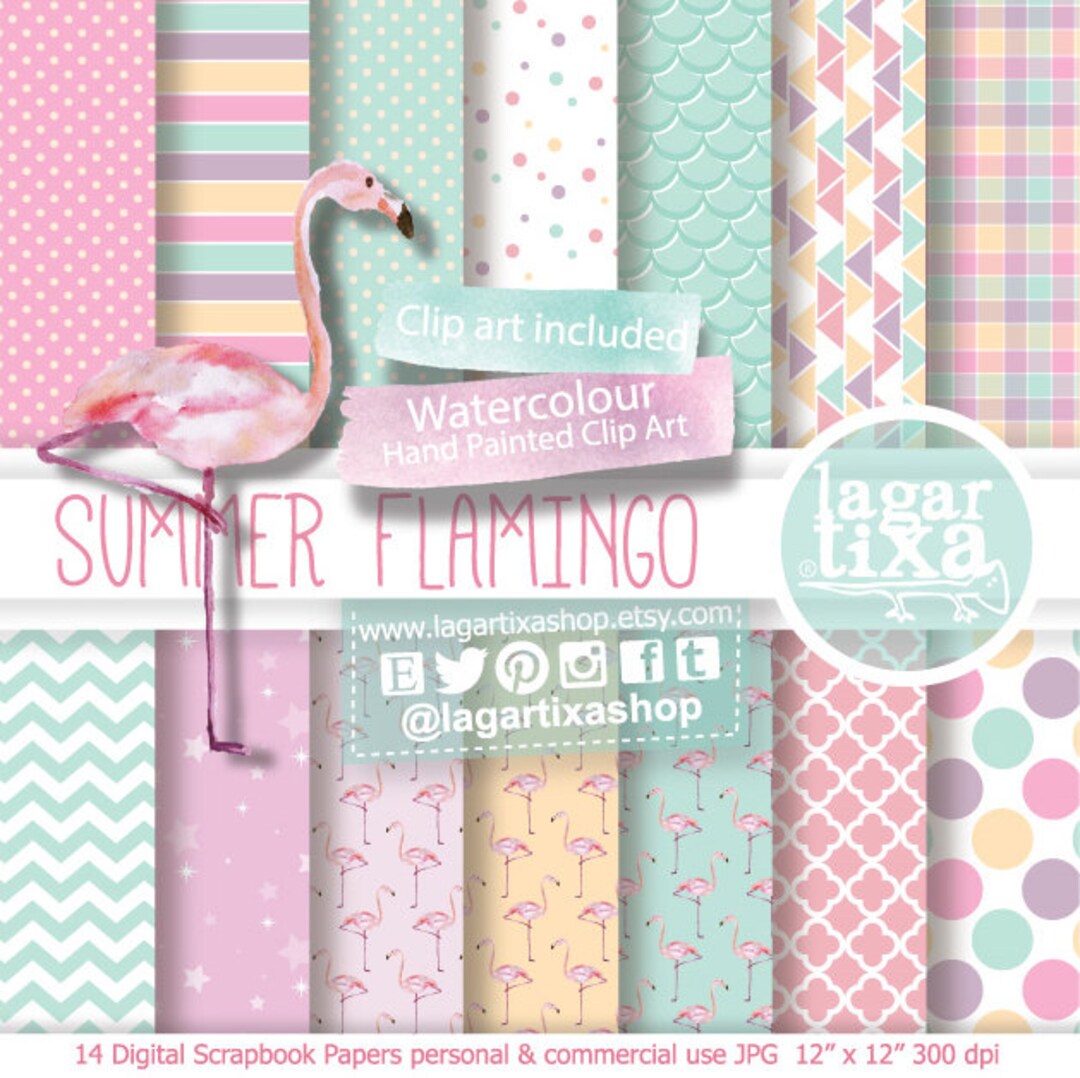 Pink Flamingo Digital Paper Watercolour Pale Pink Turquoise Clip Art ...