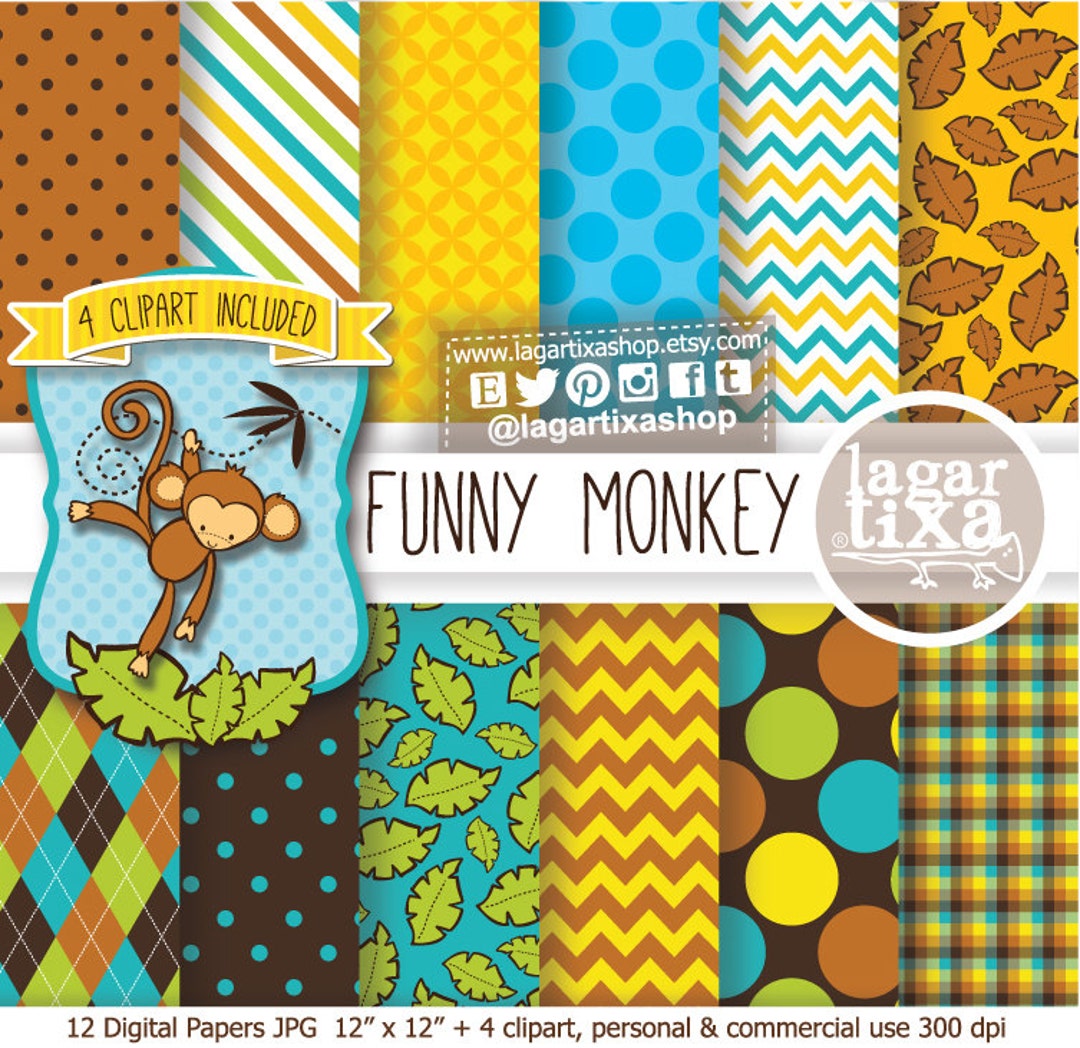 Monkey Digital Paper and Clipart for Create Party Printables Birthday ...