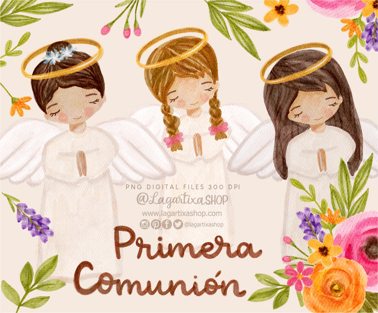 First Communion Angels Floral Watercolor Christening Pink Digital Files ...