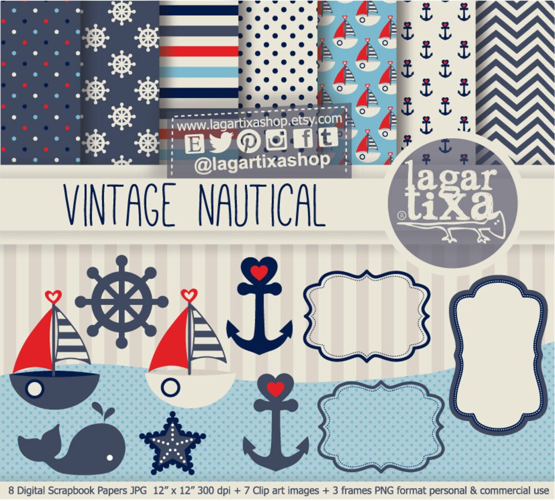 Vintage Nautical Patterns Digital Paper Anchor Marine Navy Beige Blue ...