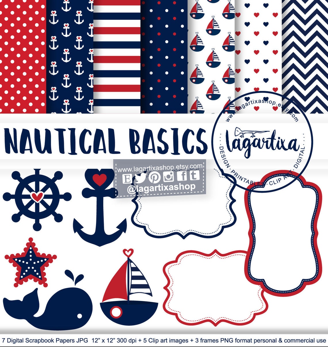 Digital Paper Navy Nautical Red Marine Girly Background Blue - Etsy