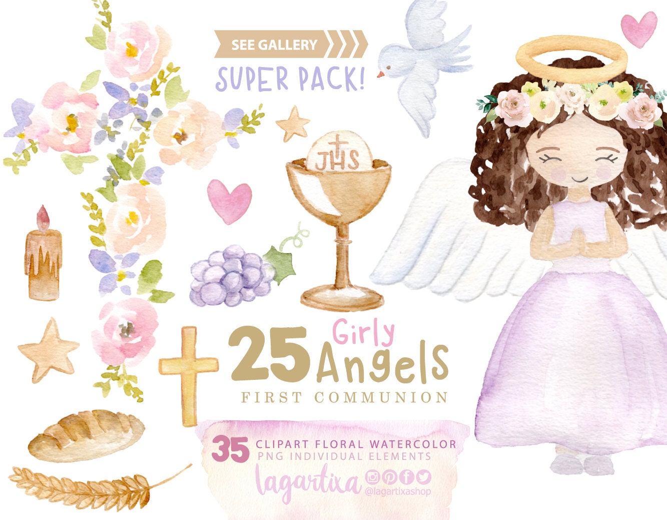 Watercolor Floral Girl Angel First Communion, Hand Painted, Clipart ...