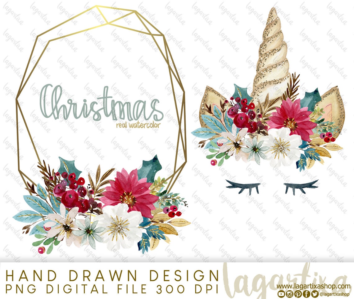 Christmas Reindeer Unicorn Clipart PNG Floral Watercolor hand | Etsy
