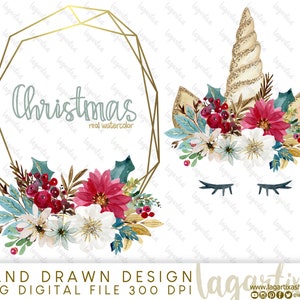 Christmas Reindeer Unicorn Clipart PNG Floral Watercolor Hand Painted ...