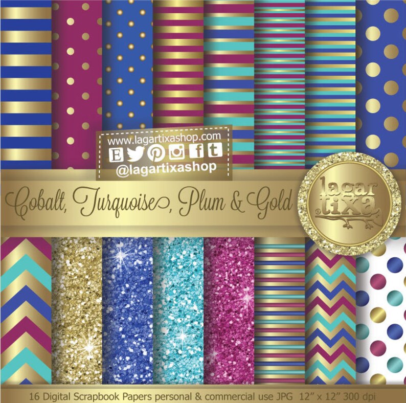 Gold Blue Cobalt Plum Turquoise Glitter Digital Paper Patterns ...