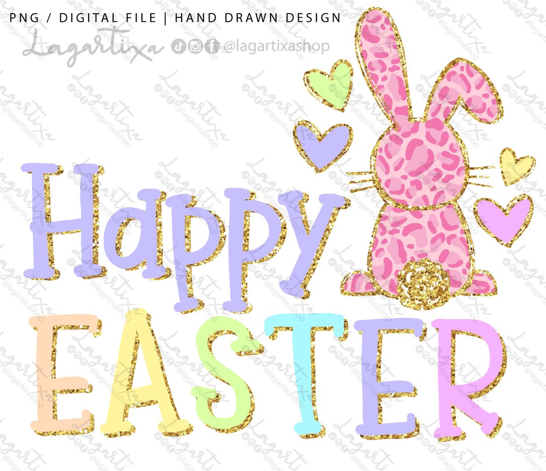 Happy Easter Rabbit Back Animal Print Pink Cheetah Lettering ...