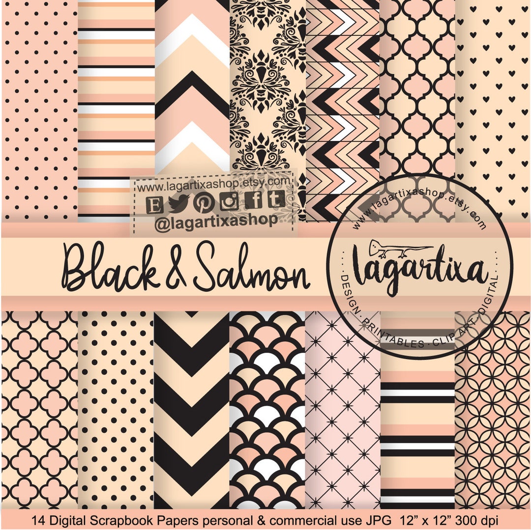 Coral Salmon Peach Black Digital Paper Background Lace Damask Arrows ...