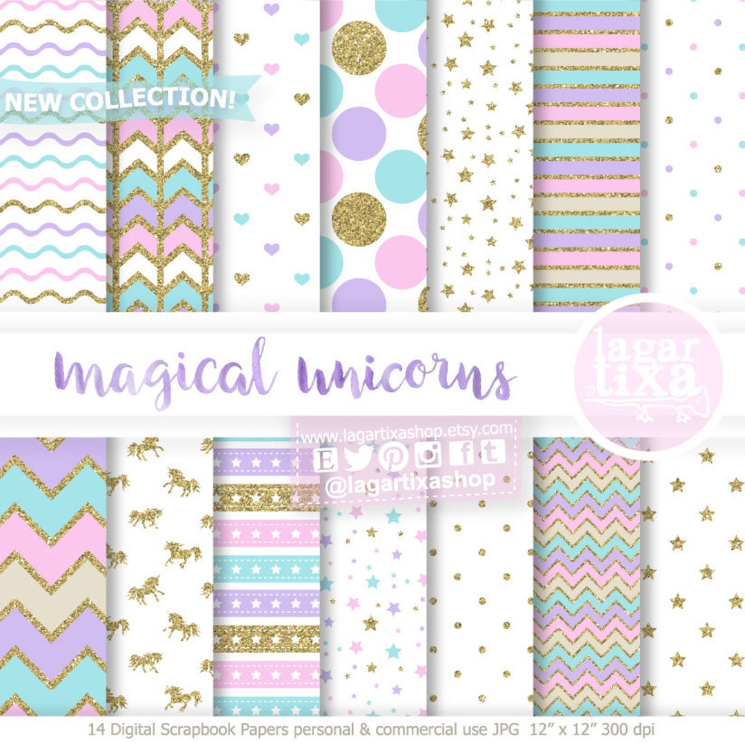 Pastel Digital Paper, Unicorn Patterns, Silhouette, Mint, Purple, Pink ...