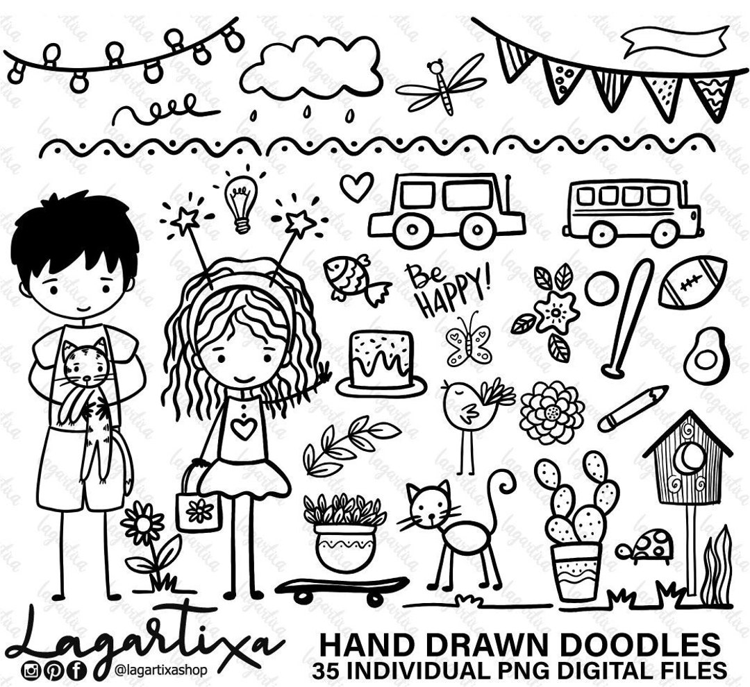 Characters Doodles Boy and Girl, Individual Digital Files PNG, Cat, Car ...
