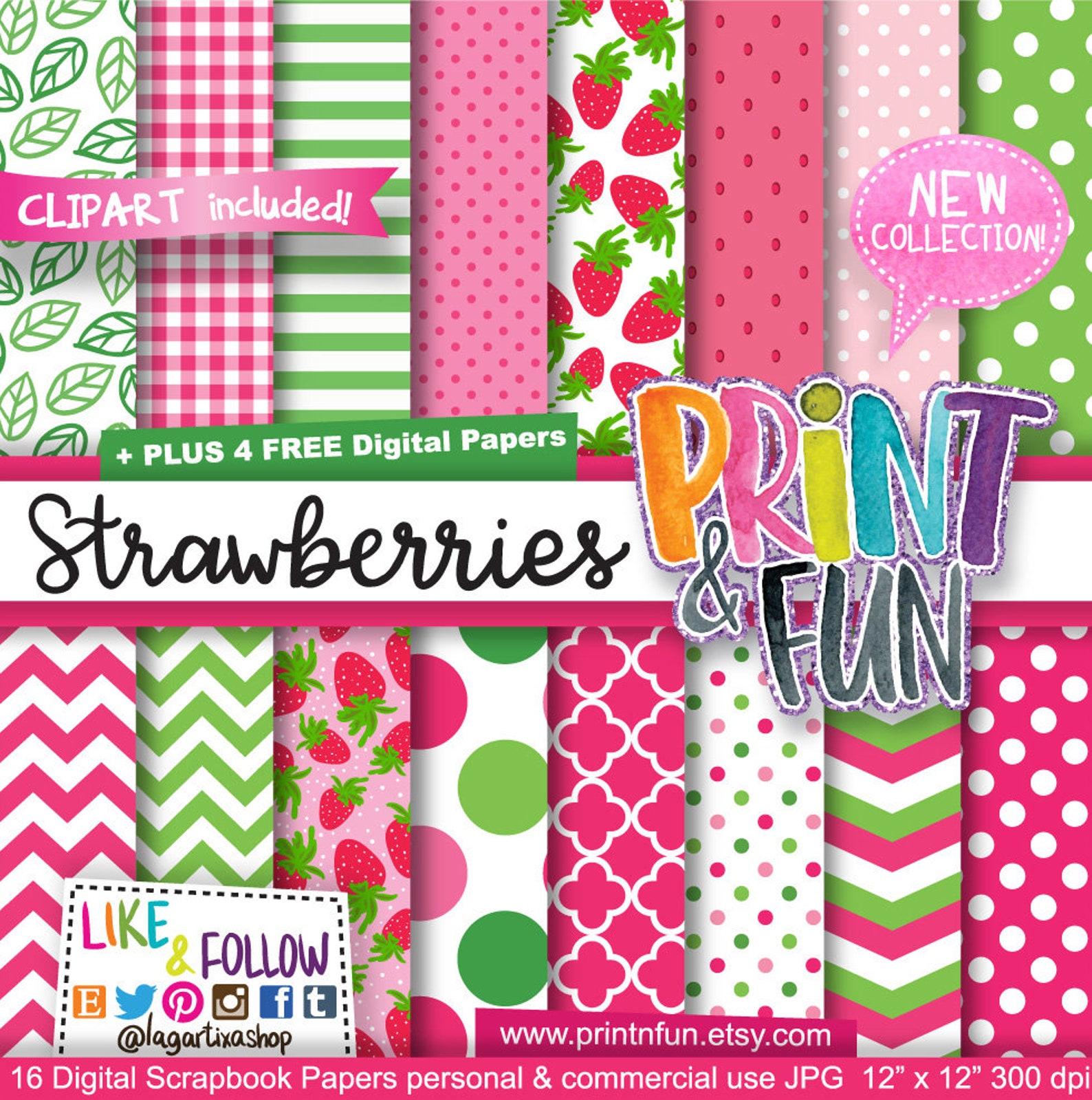 Strawberries Digital Paper Summer Patterns Backgrounds - Etsy