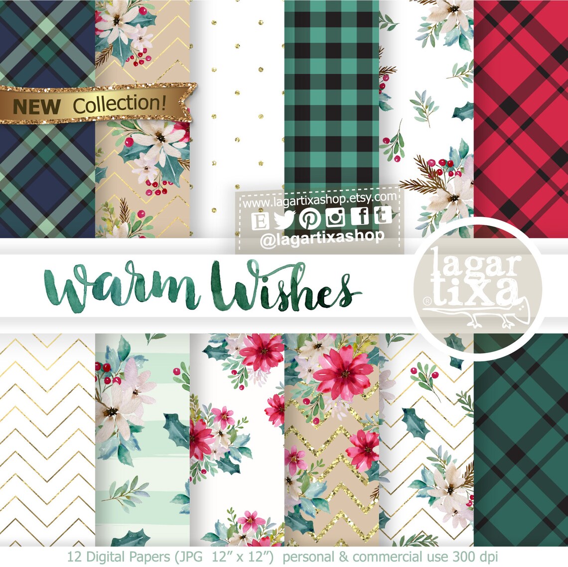 Poinsettia Patterns Floral Christmas Digital Paper Watercolor - Etsy