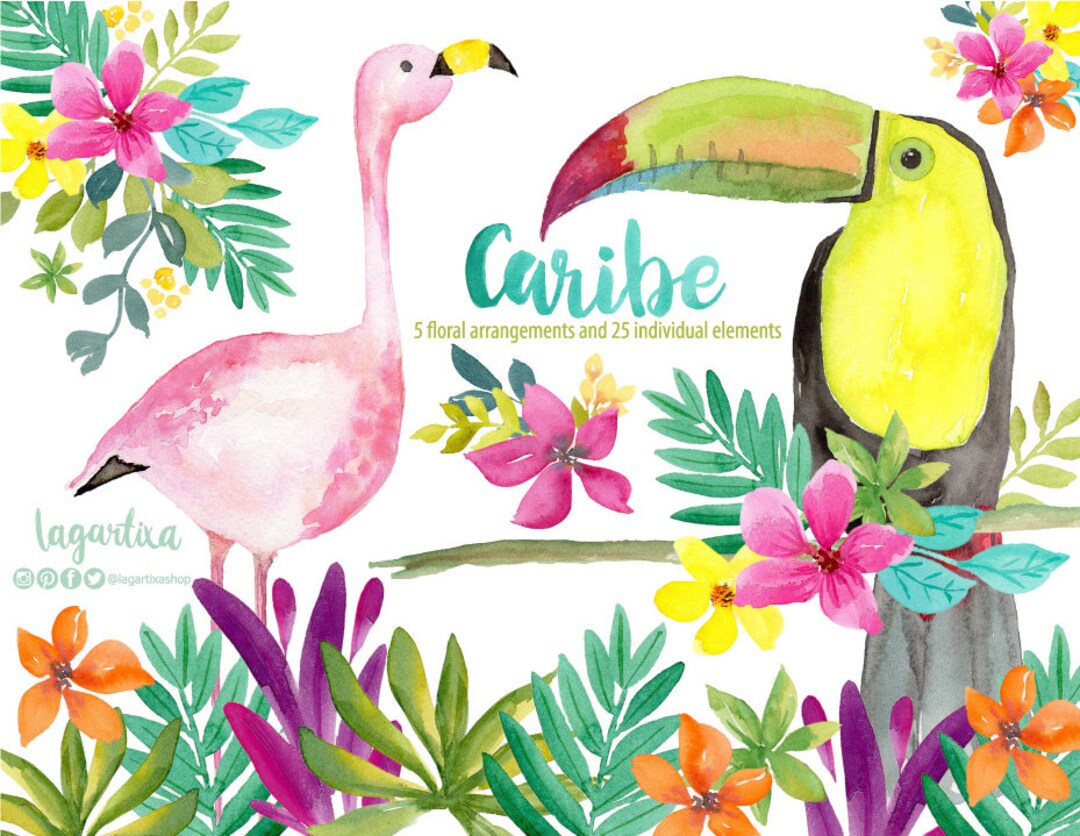 Tropical Leaves, Toucan, Flamingo, Palms, Colorful Watercolor Clipart ...