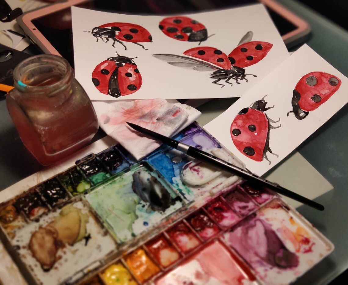 Ladybug in Green Plants Real Watercolor, Flying, Spring Bugs, Easter ...