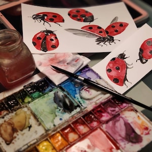 Ladybug in Green Plants Real Watercolor, Flying, Spring Bugs, Easter ...